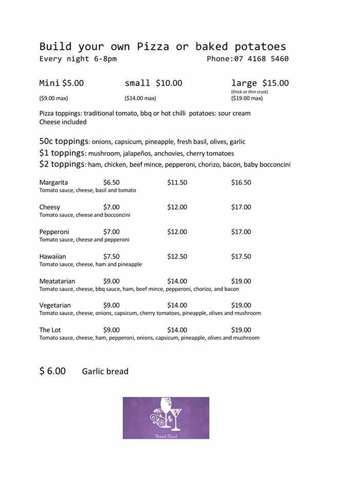 Menu at Hotel Cecil pub & bar, Wondai