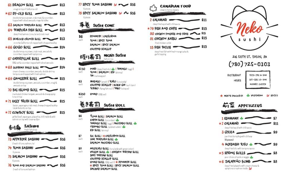 Menu at Neko Sushi restaurant, Edson