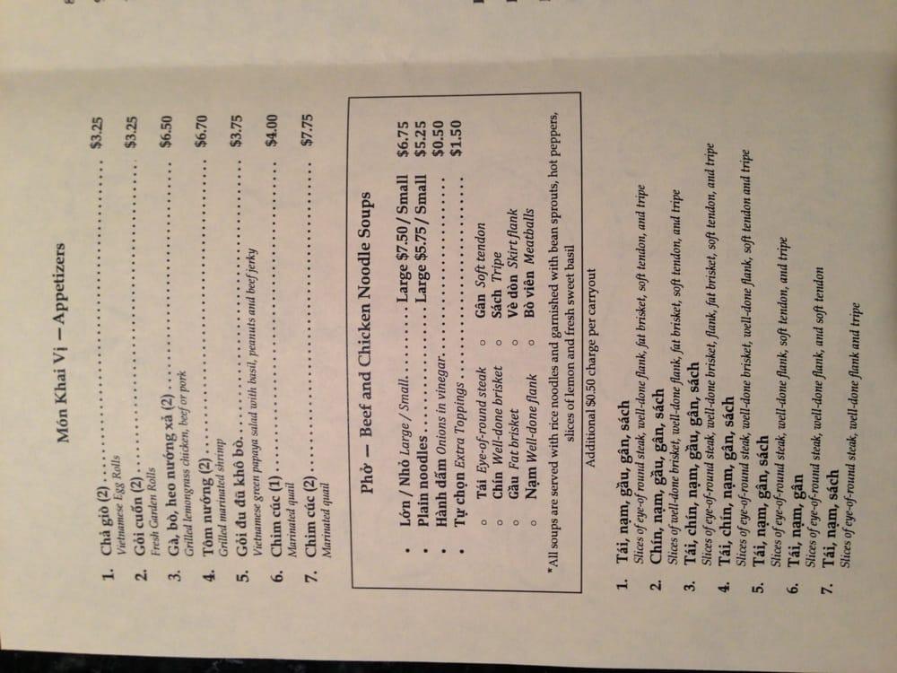 Menu at Pho Van restaurant, Catonsville