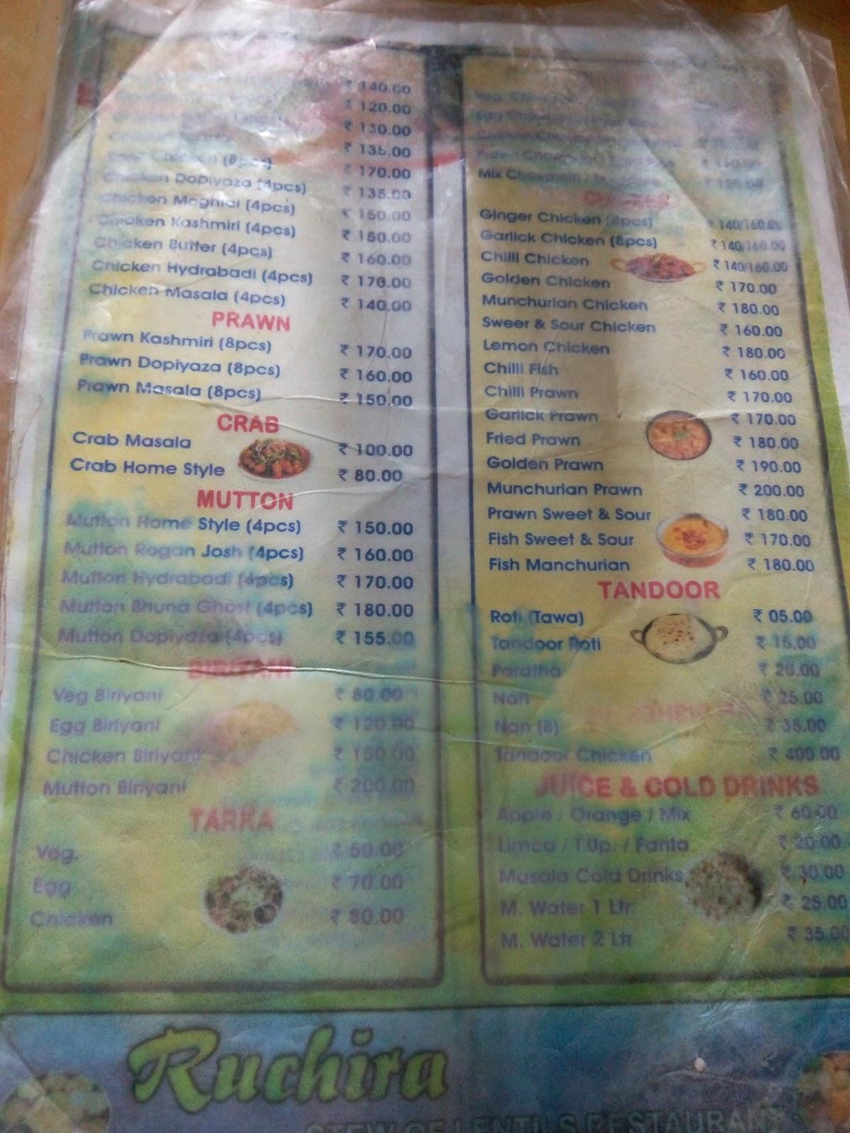 Menu at Ruchira Restaurant, Puri