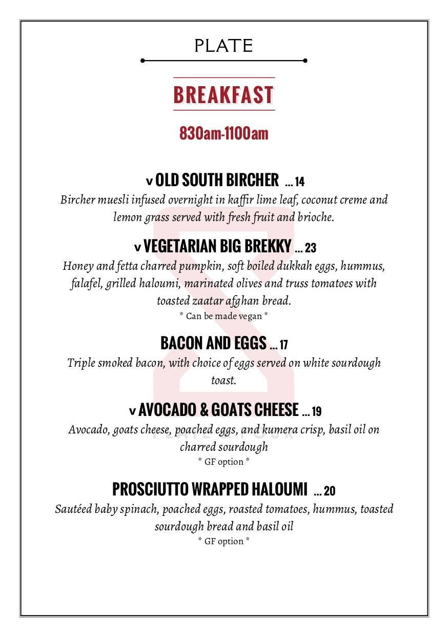 Menu at The Old South restaurant, Thirroul