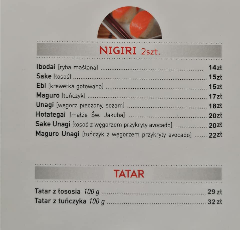Menu at Yakuza Sushi restaurant, Warsaw, Łojewska 11