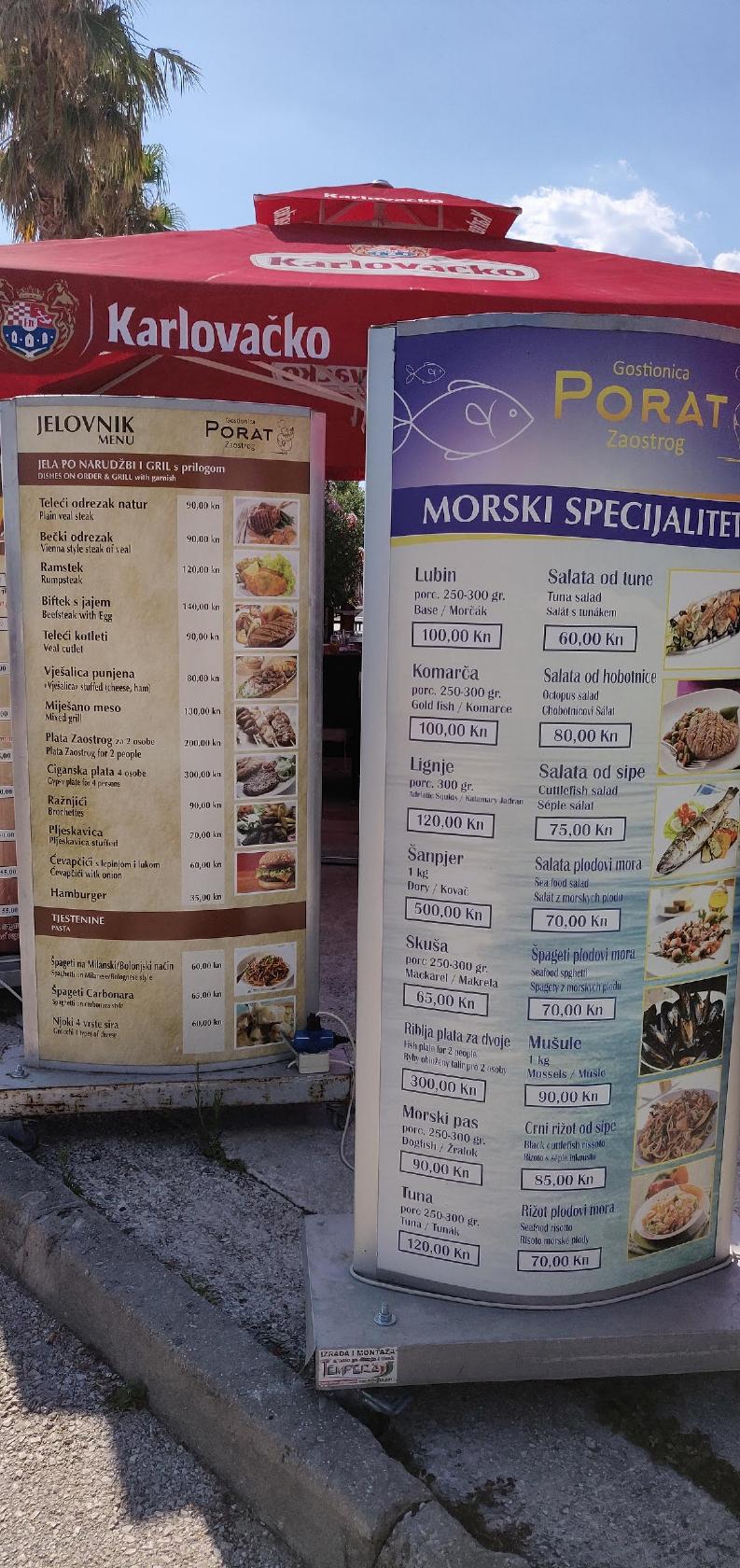 Menu at Restoran Porat restaurant, Zaostrog