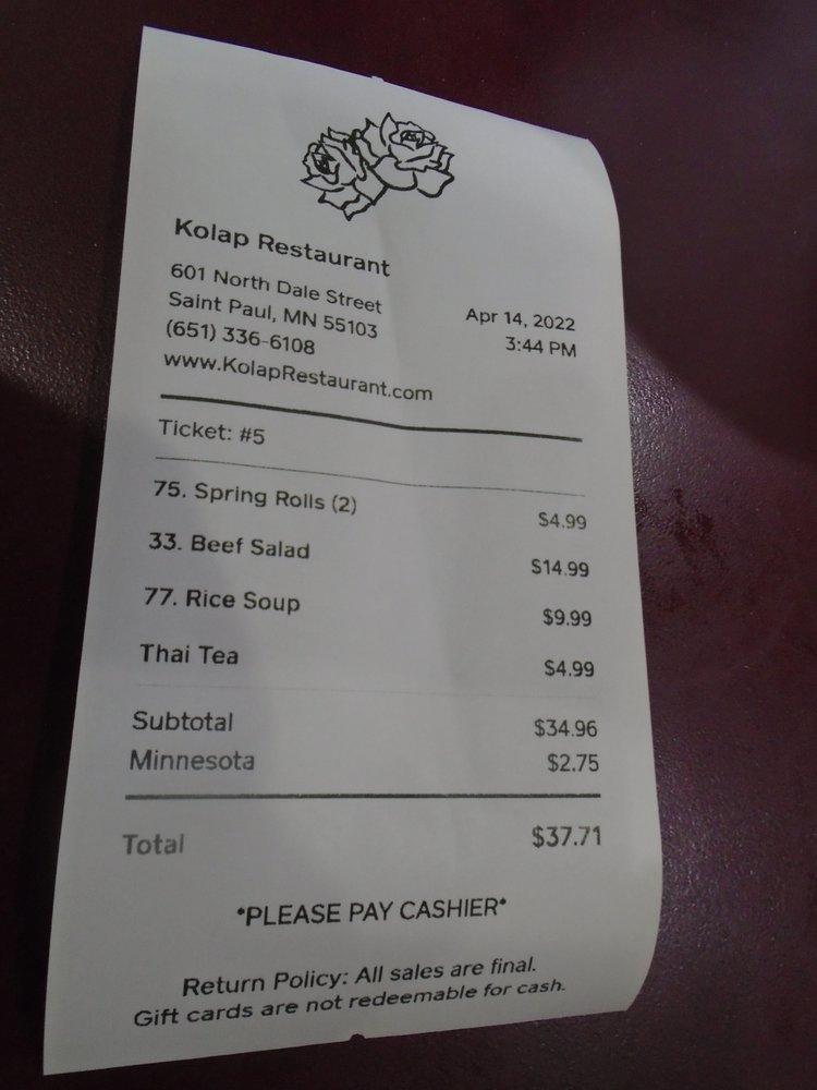 Menu at Kolap Restaurant, Saint Paul