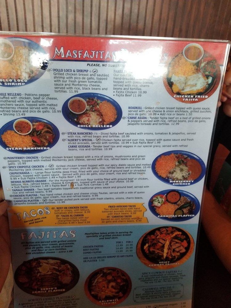 Menu at Masfajitas restaurant, Round Rock, Joe Dimaggio Blvd