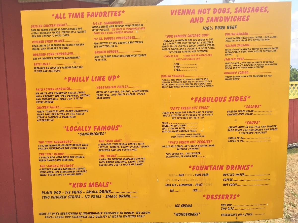Menu at Pat's Chicago Dogs fast food, Syracuse