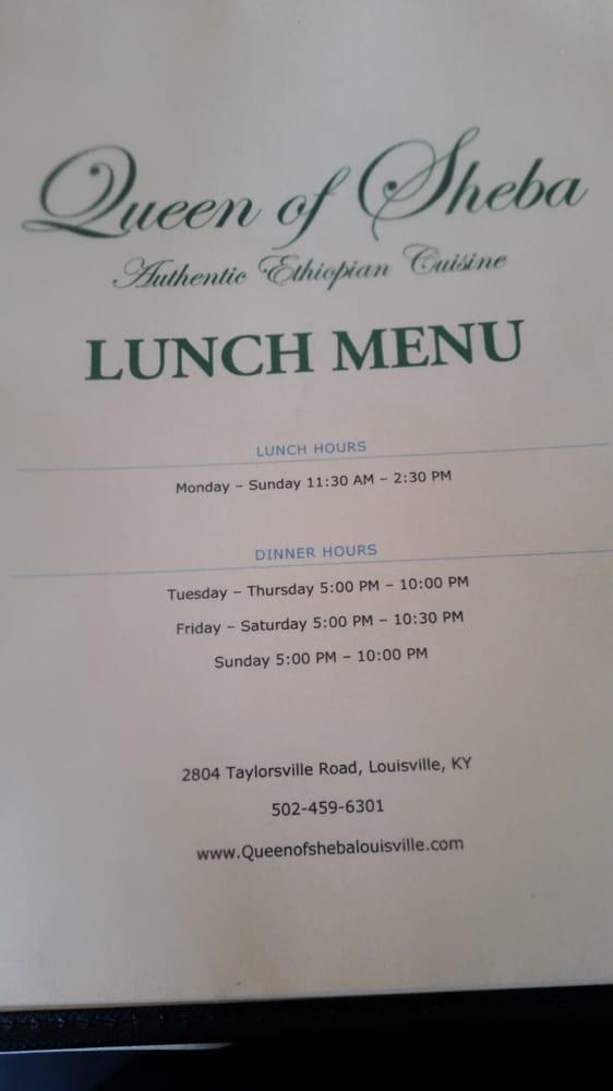 Menu at Queen of Sheba Restaurant, Louisville, Taylorsville Rd