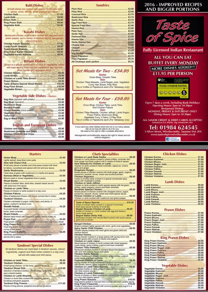 Menu at Taste of India restaurant, Wiveliscombe