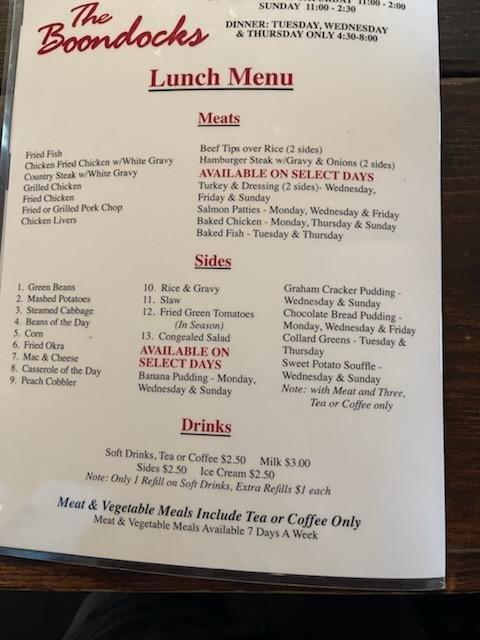 Menu at The Boondocks restaurant, Anderson, North Highway 81 Iva