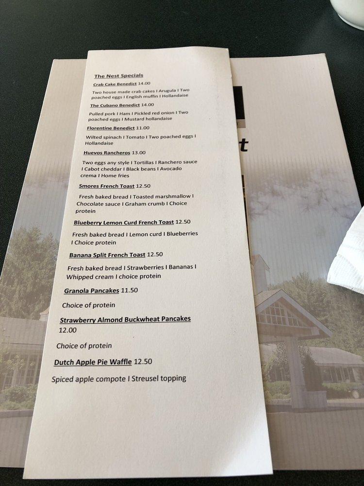 Menu at The Nest restaurant, Stowe, 89 Golden Eagle Dr