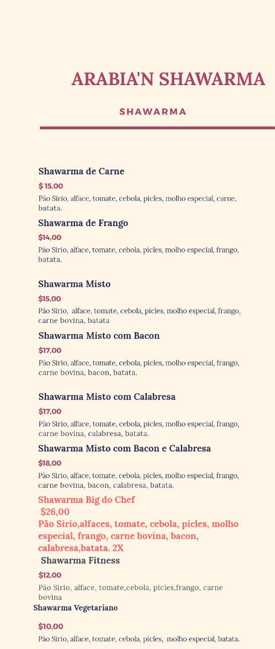 Menu at Arabia'n Shawarma Delevery restaurant, Campina da Lagoa