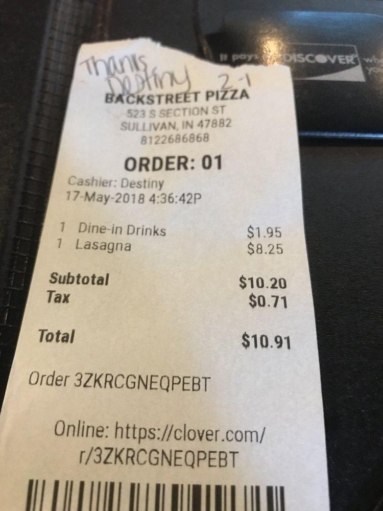 Menu at Backstreet Pizza pizzeria, Sullivan, 523 S Section St