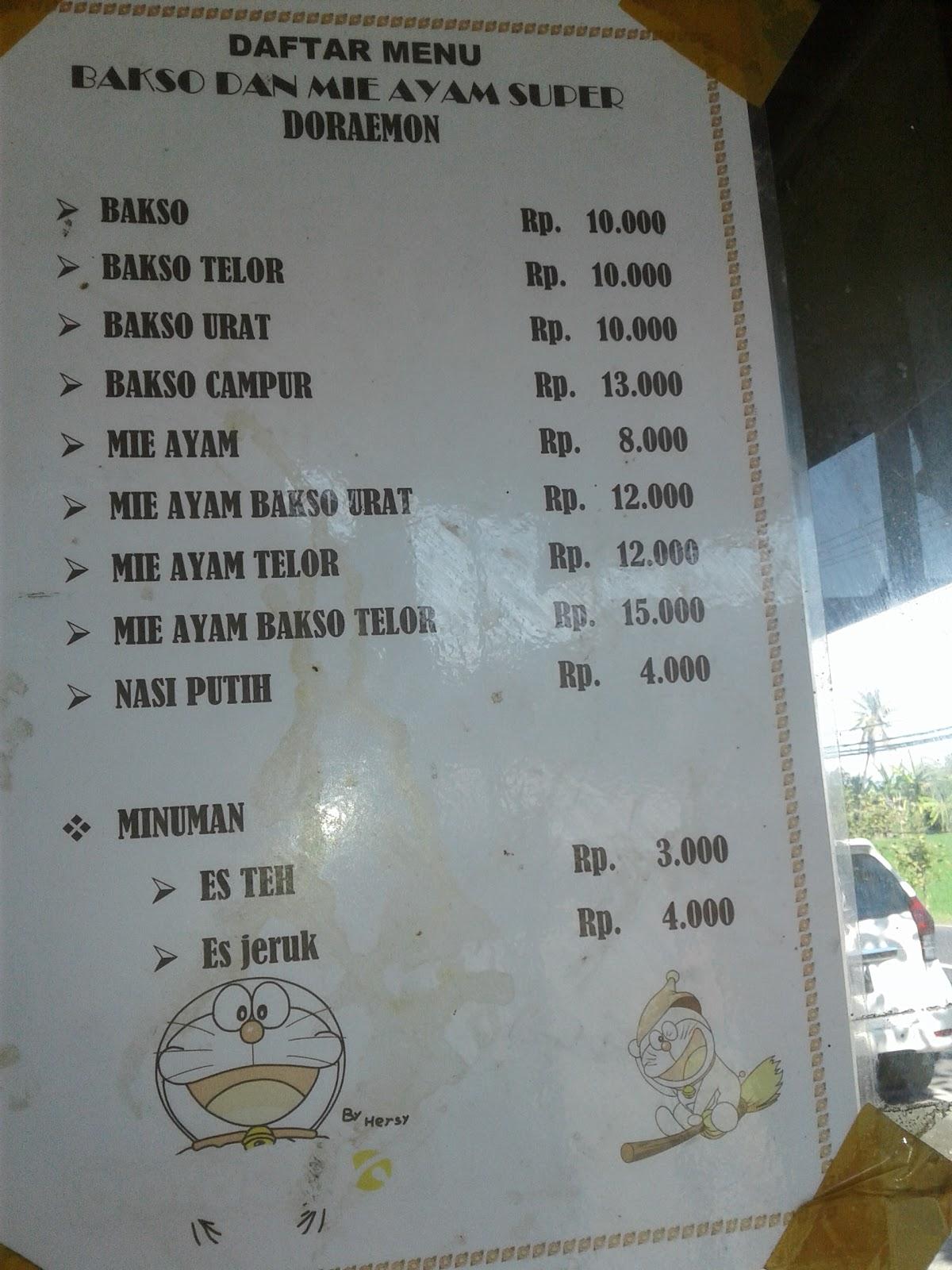 Menu at Bakso Doraemon restaurant, Anturan