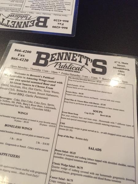 Menu at Bennet's restaurant, Miamisburg