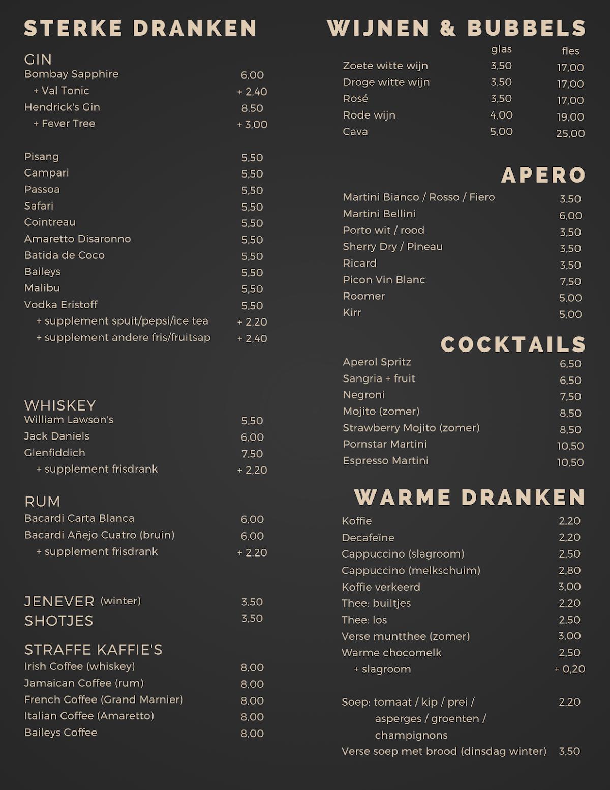 Menu at Cafe Cirque, Roeselare