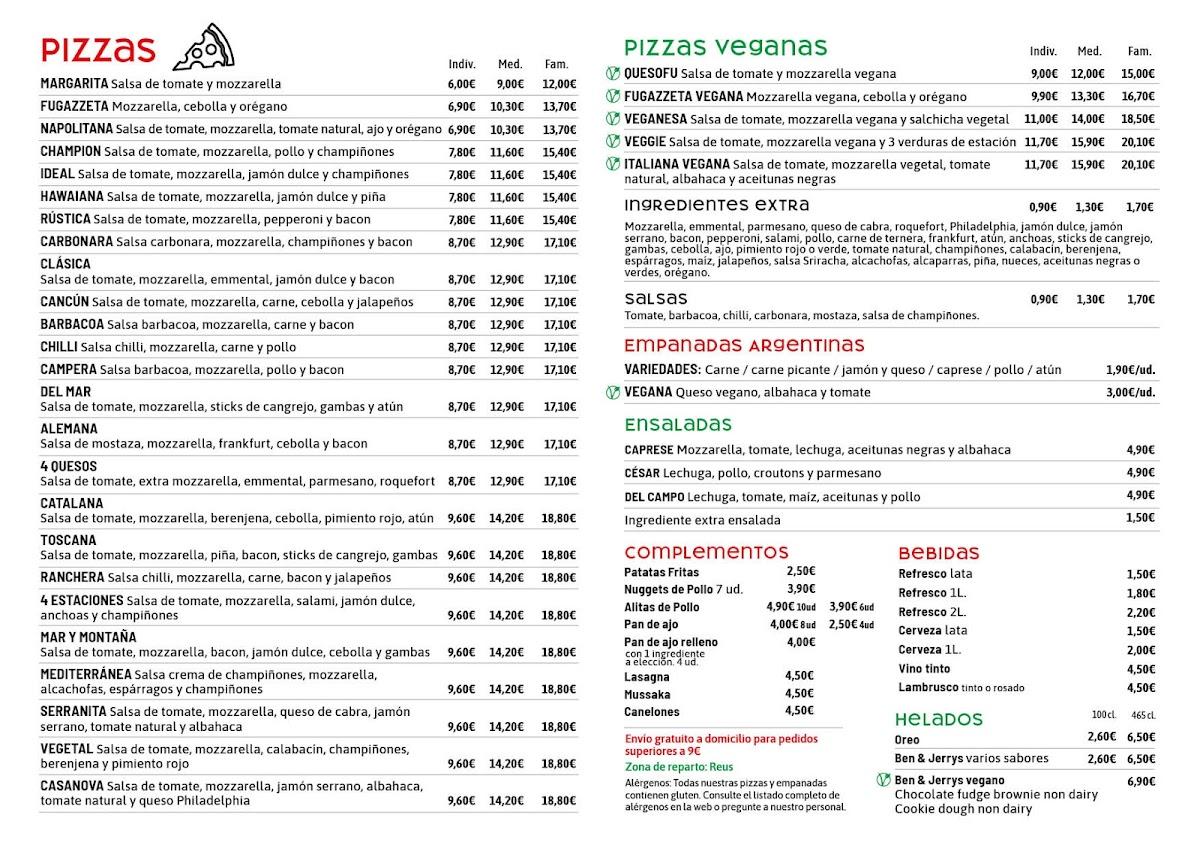 Carta del restaurante Casanova Pizza & empanades argentines, Reus