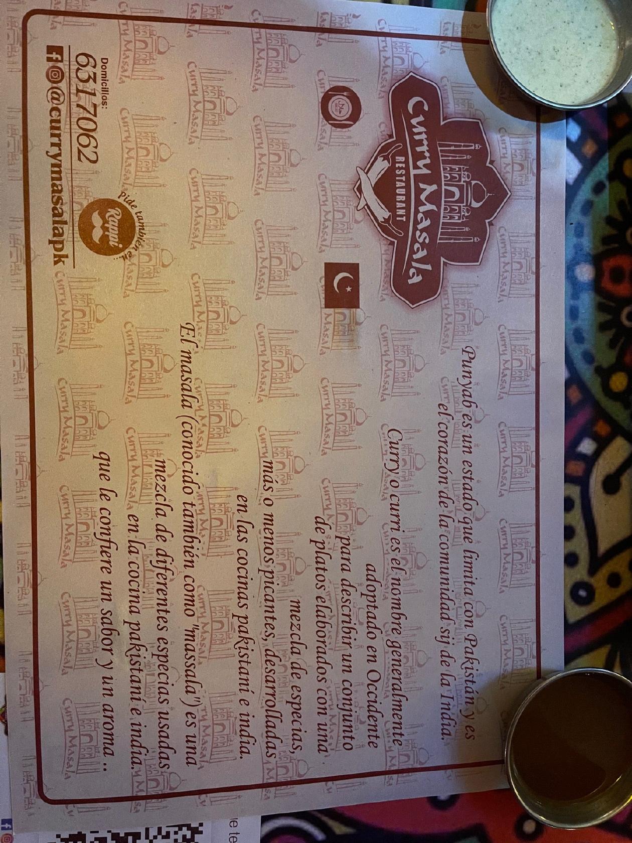 Menu at Curry Masala restaurant, Bogotá