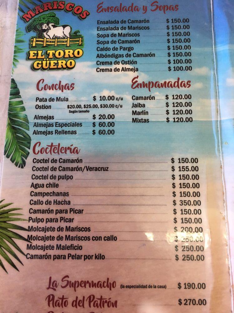Menu at El Toro Guero Seafood restaurant, Cabo San Lucas