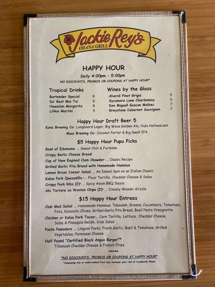 Menu at Jackie Rey's Kailua-Kona restaurant, Kailua-Kona