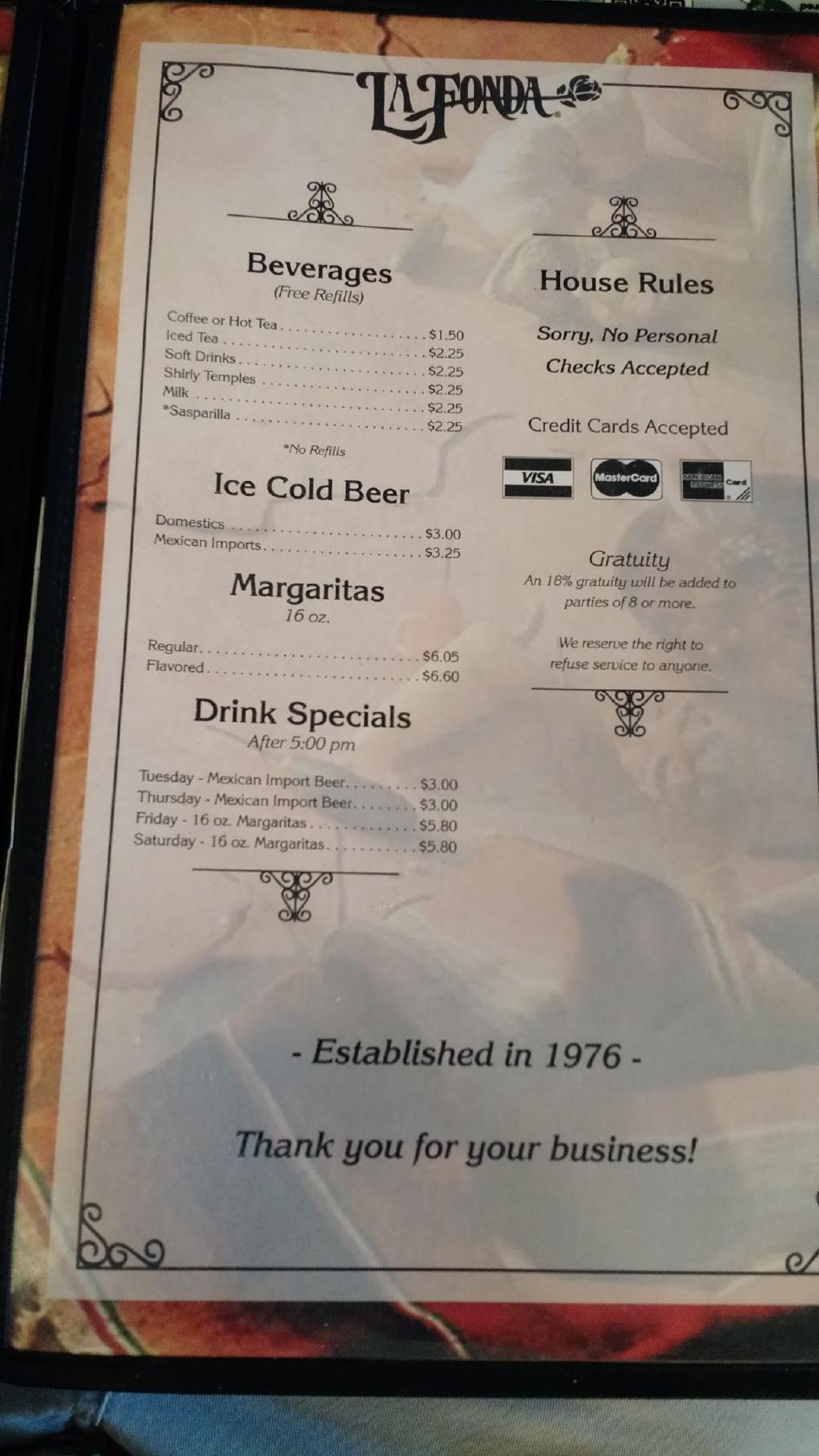 Menu at La Fonda Mexican Restaurant, Camp Verde
