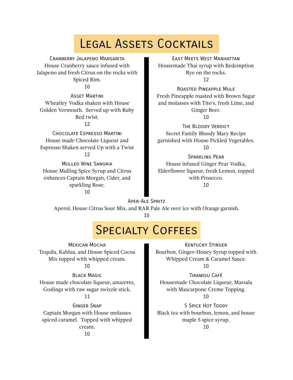 Menu at Legal Assets Craft Food & Spirits restaurant, Easton
