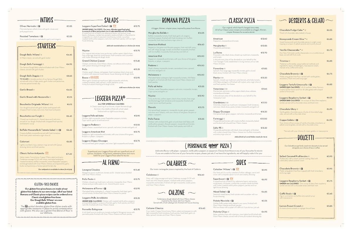 Menu at Milano restaurant, Galway