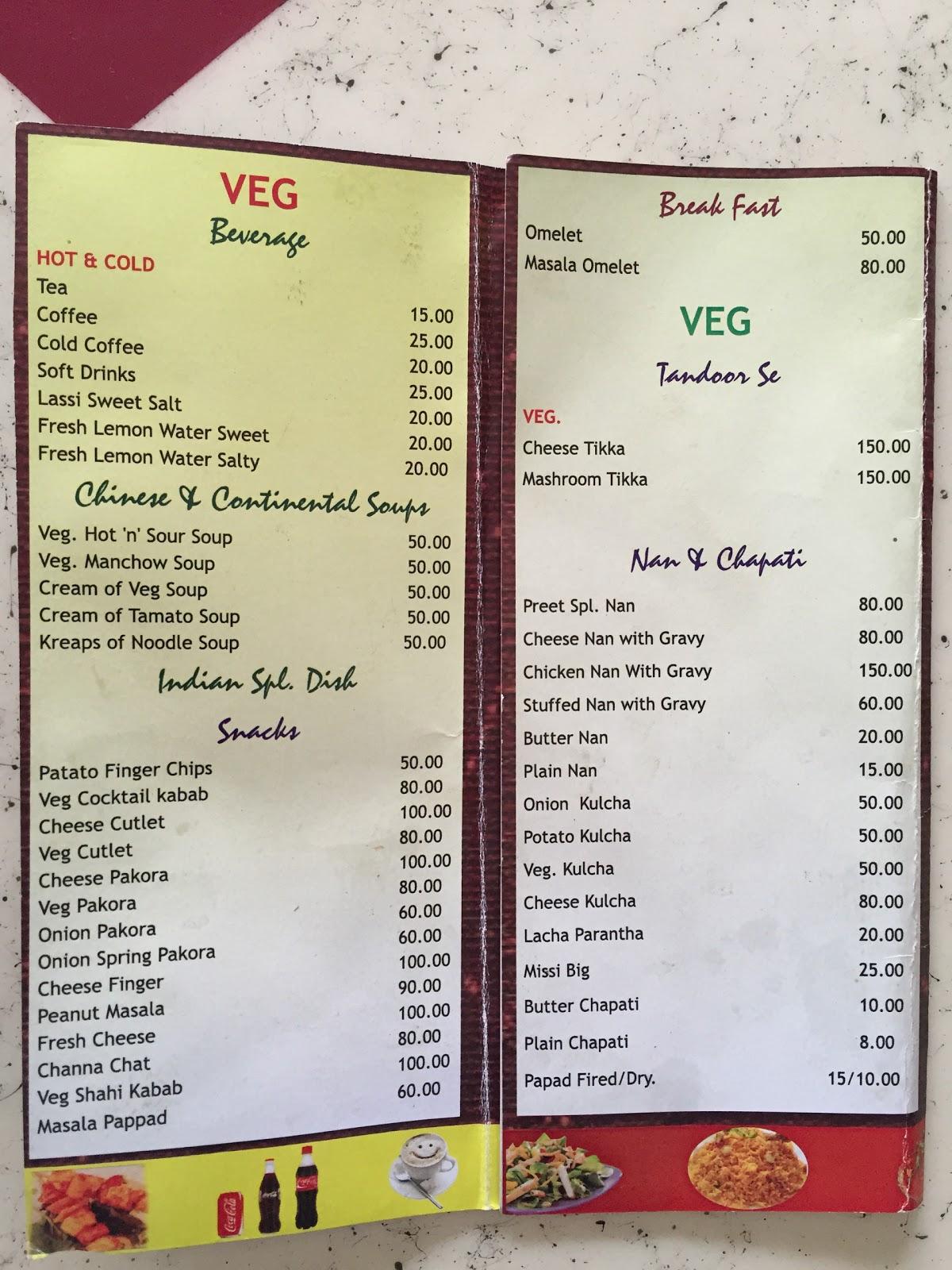Menu at Preet Restaurant, India