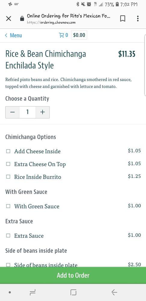 Menu at Rito's Mexican Food restaurant, Phoenix, N 7th St