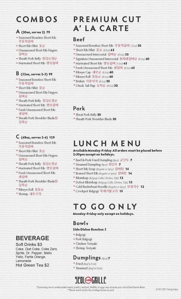 Menu at Seol Grille Korean BBQ restaurant, Cary, NC, Cary