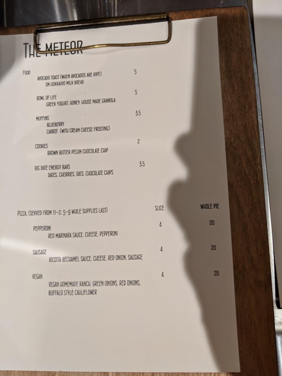 Menu at The Meteor Cafe, Bentonville