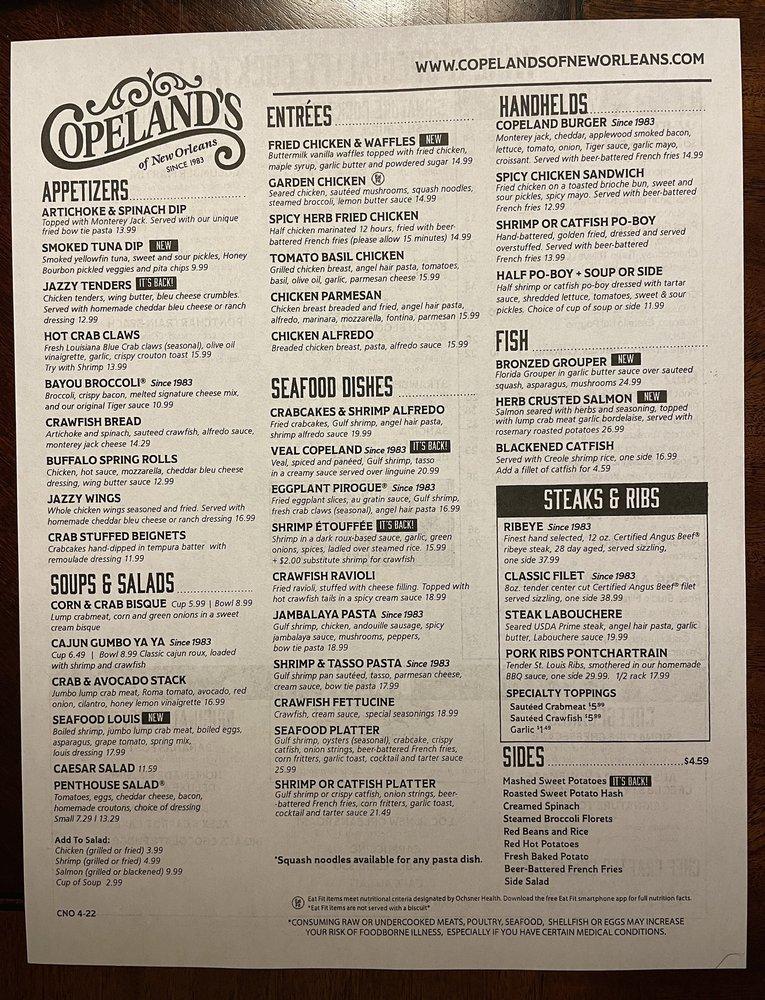 Menu at Copeland's of New Orleans steakhouse, Houma