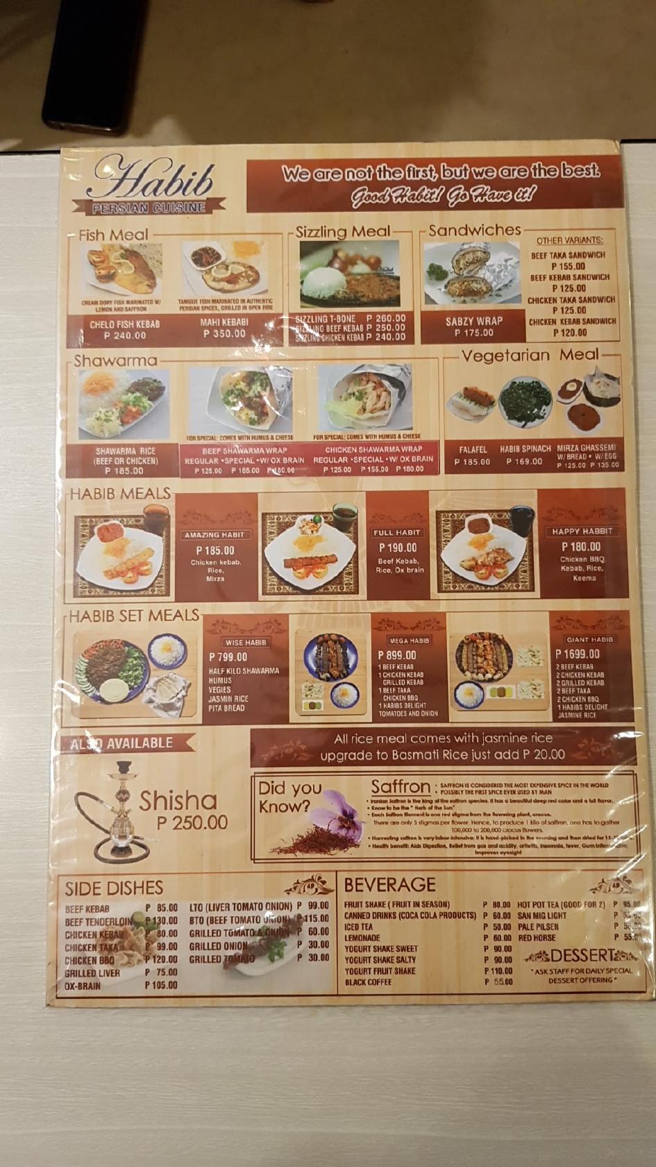 Menu at Habib Persian Cuisine restaurant, Mandaluyong