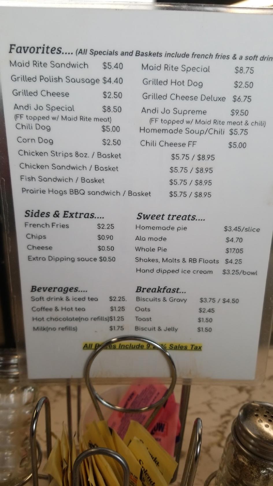 Menu at Maid-Rite restaurant, Christopher