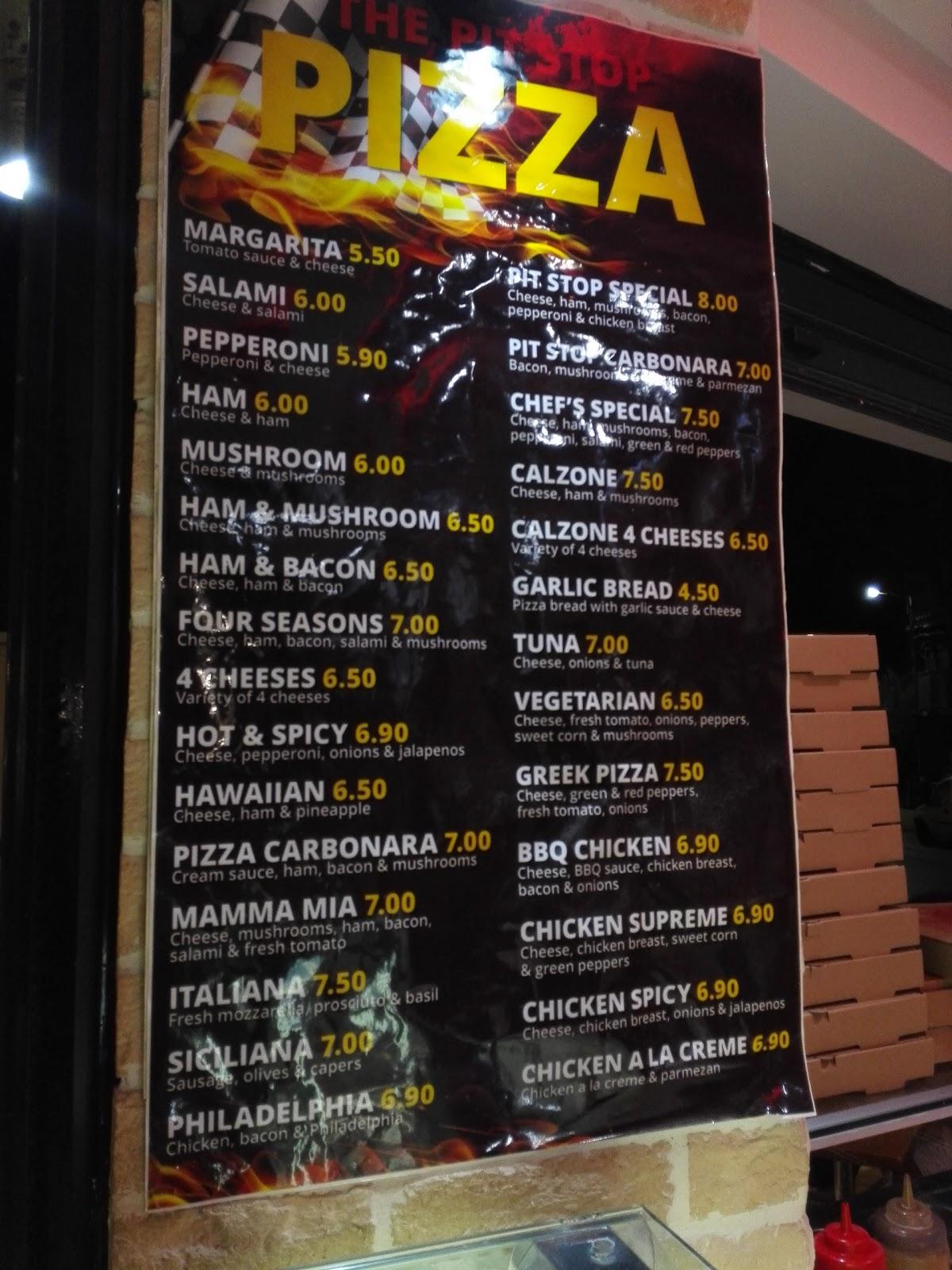 Menu at The Pit Stop Pizza, Malia