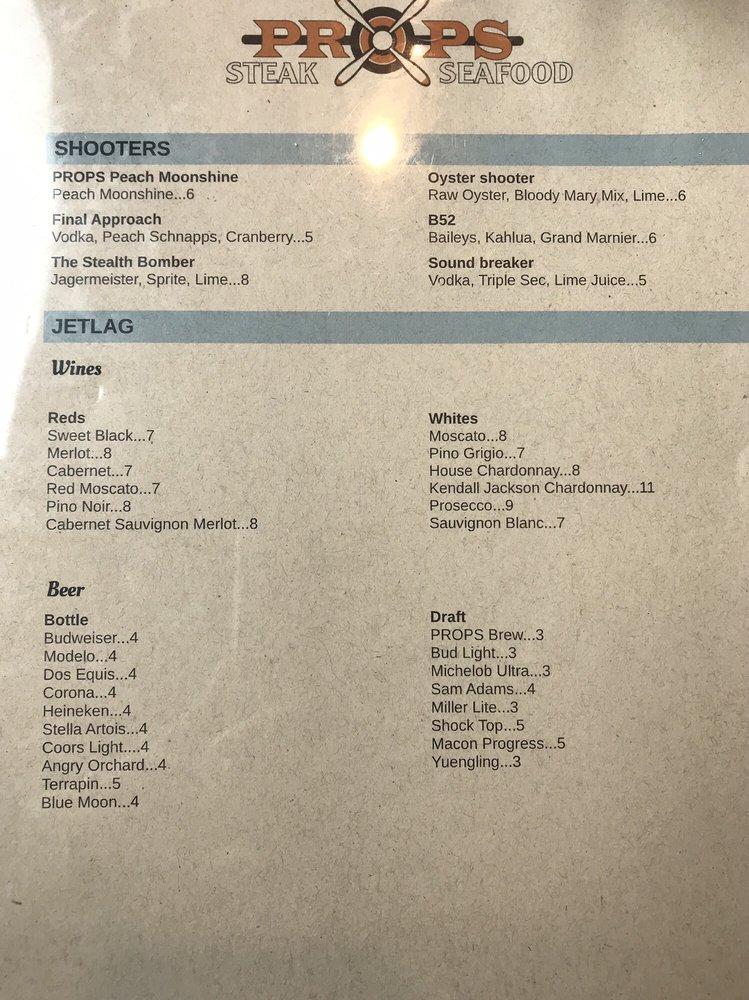 Menu at Props Steak and Seafood Restaurant, Warner Robins