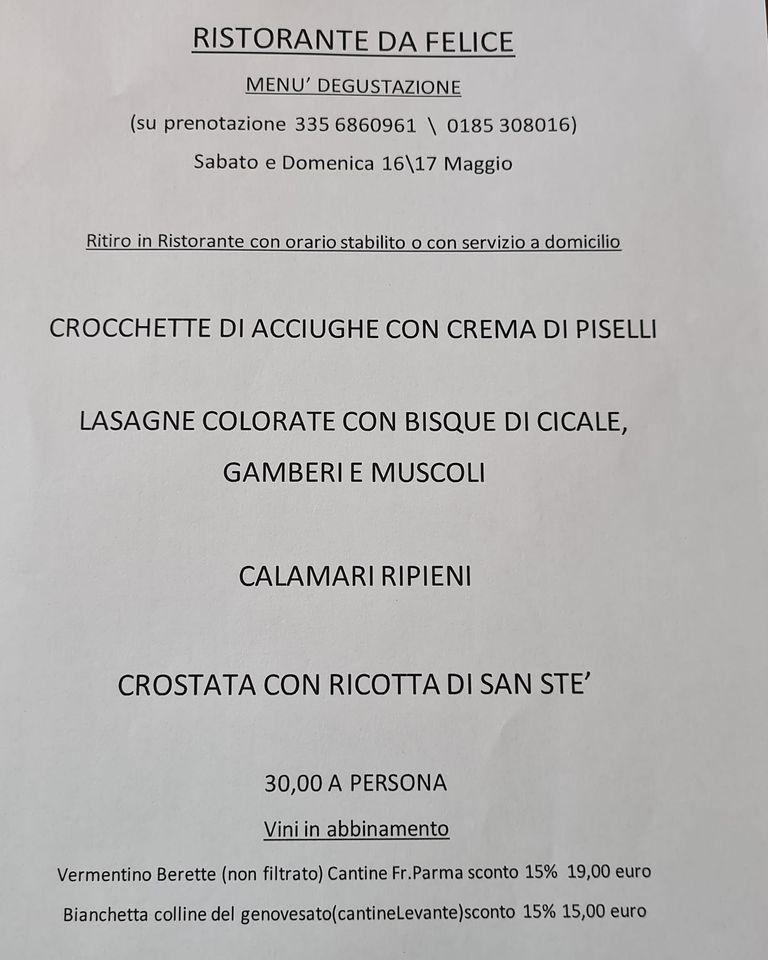 Menu da Da Felice ristorante, Chiavari