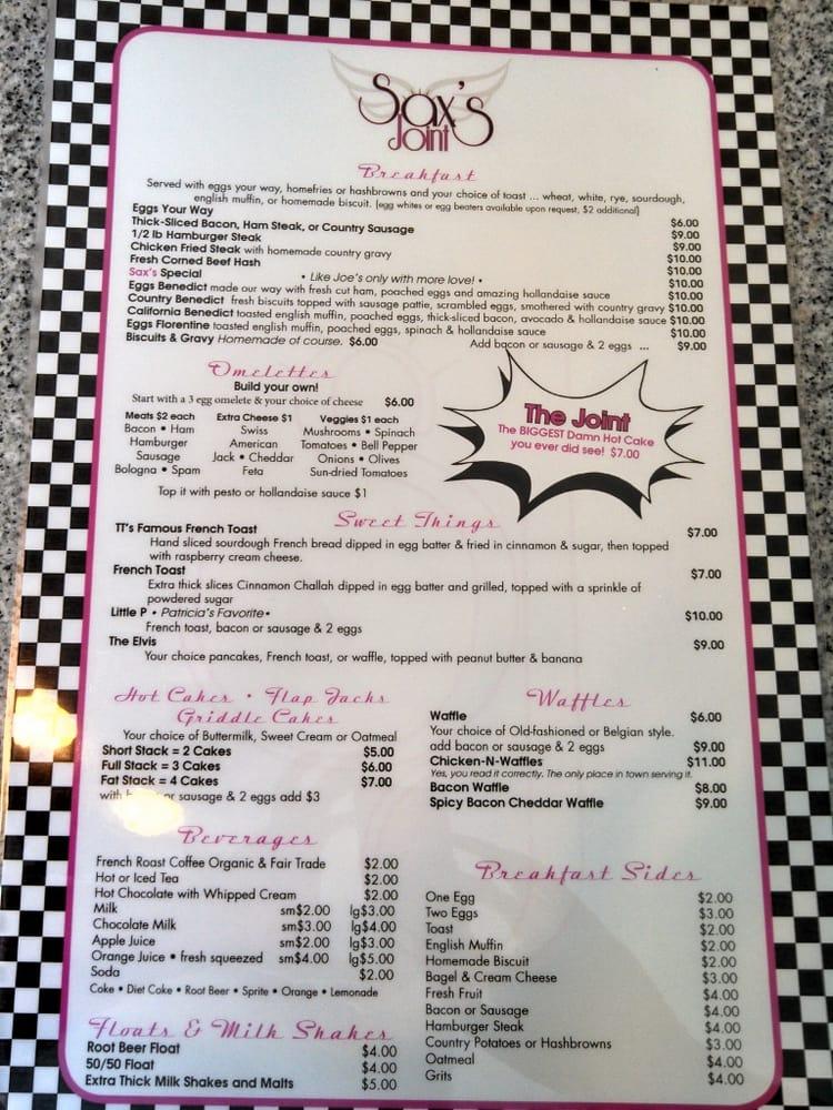 Menu at Sax's Joint restaurant, Petaluma