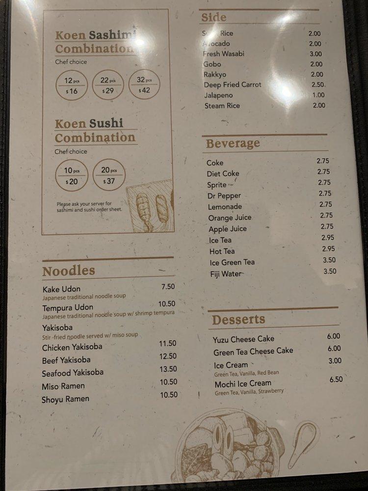 Menu at Sushi Koen restaurant, Round Rock