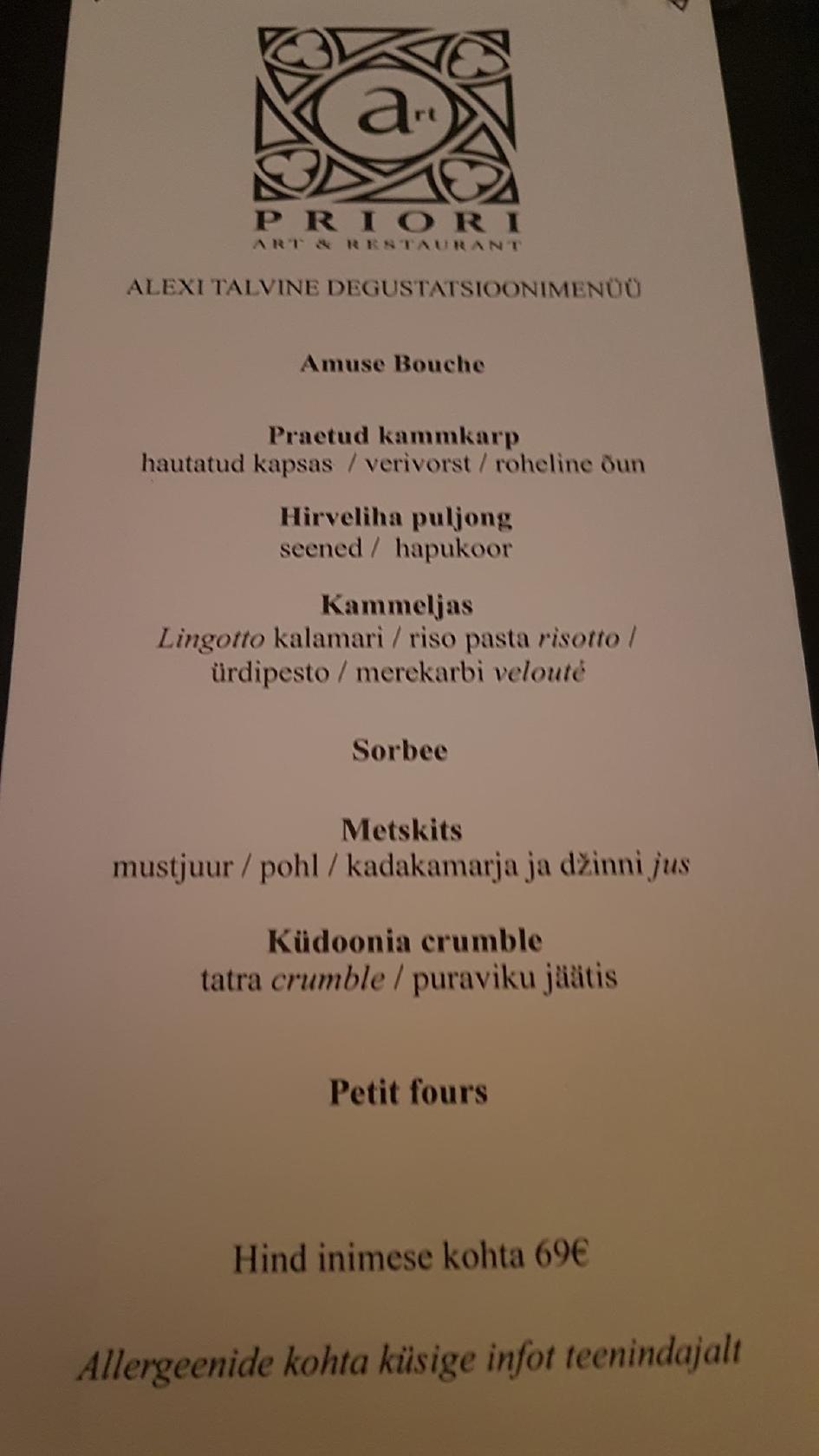 Menu at Art Priori restaurant, Tallinn