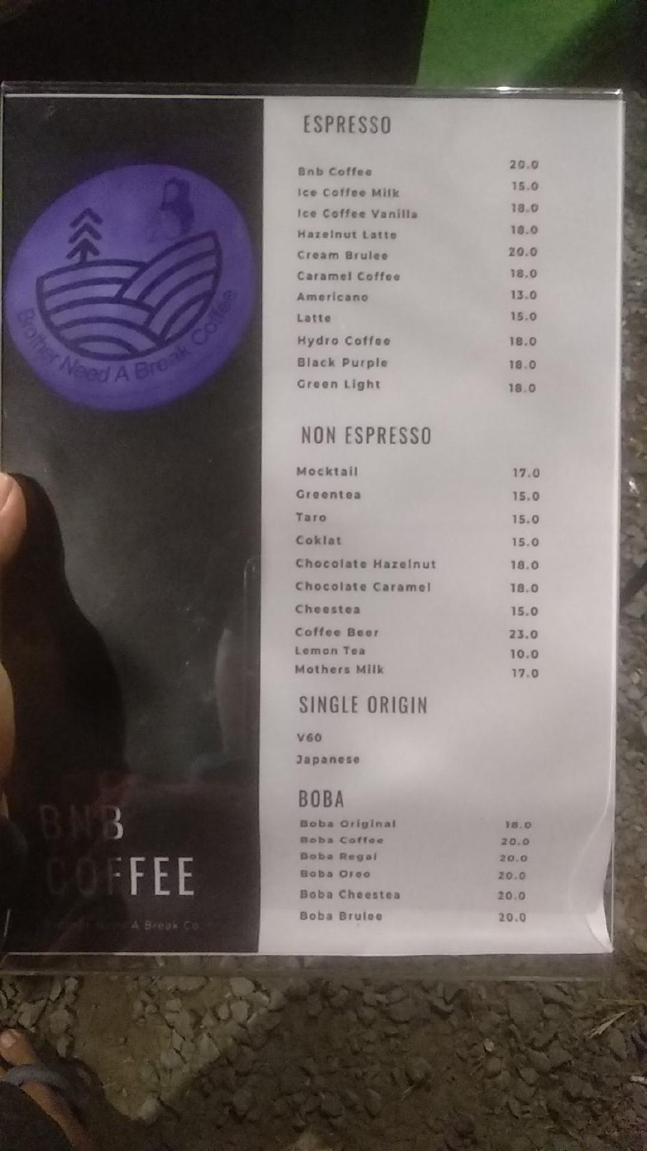 Menu at BROTHER NEED A BREAK COFFEE cafe, Serang