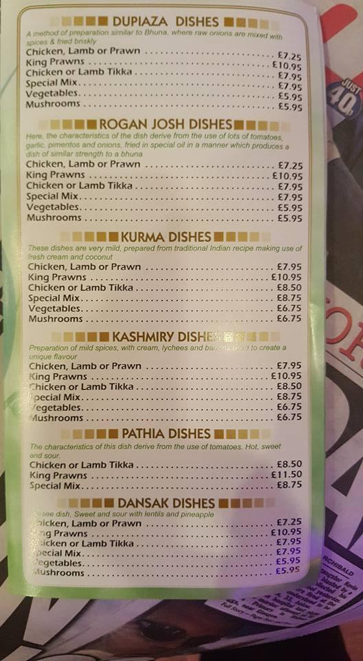 Menu at Cafe India, Huntly