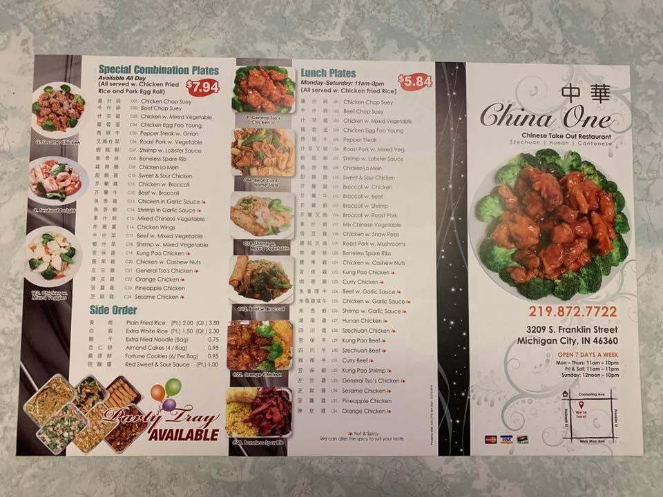Menu at China One restaurant, Michigan City