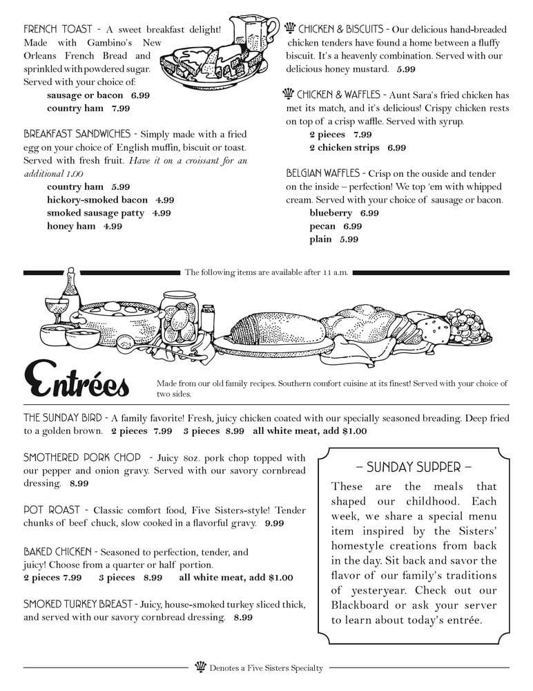 Menu at Five Sisters Blues Cafe, Pensacola