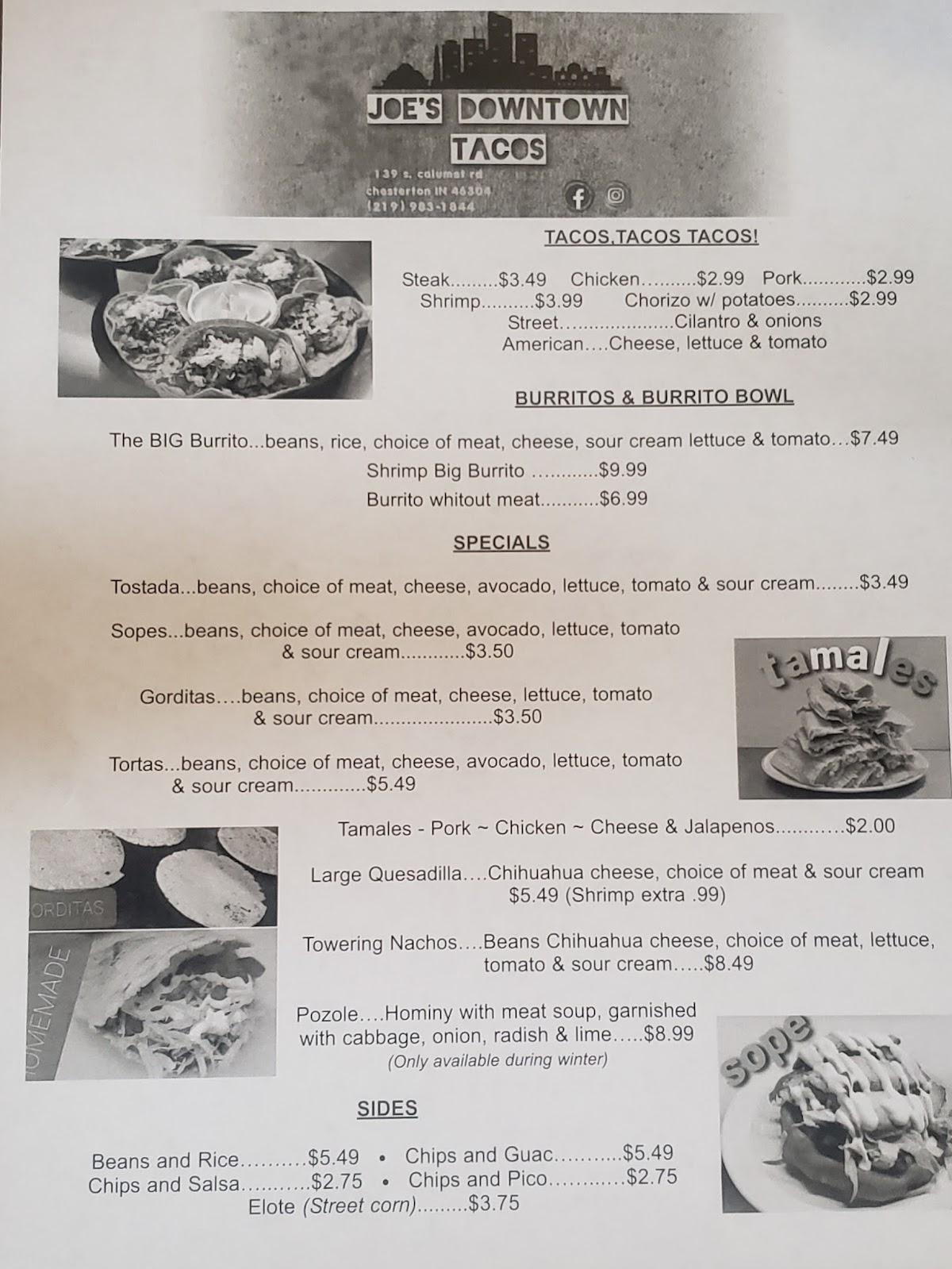 Menu at Joe's Downtown Tacos restaurant, Chesterton