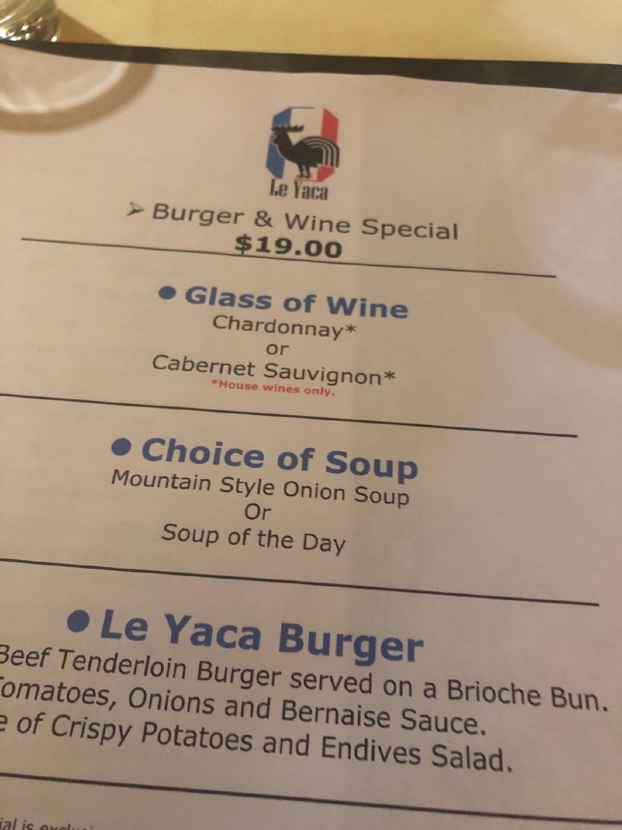 Menu at Le Yaca French Restaurant, Williamsburg, High St
