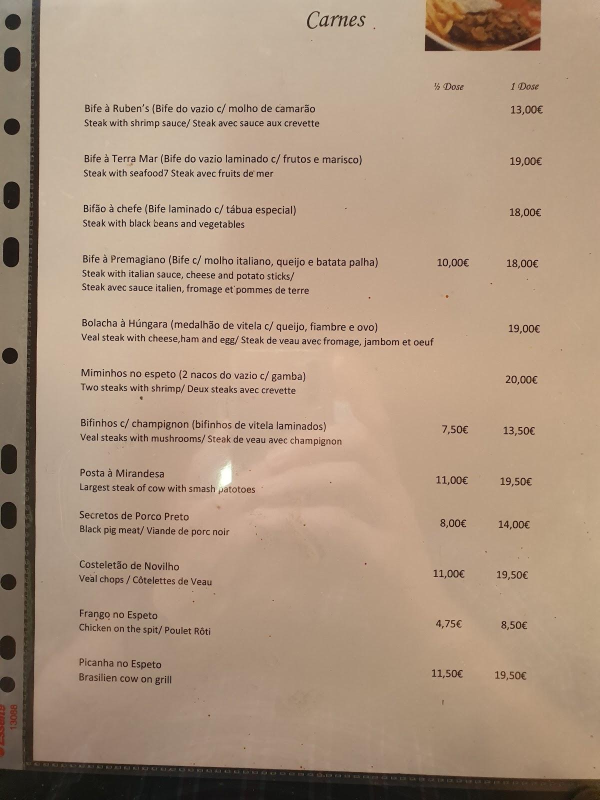 Menu at Ruben's restaurant, Labruge