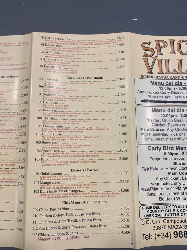 Carta del restaurante Spice Villa, El Saladillo
