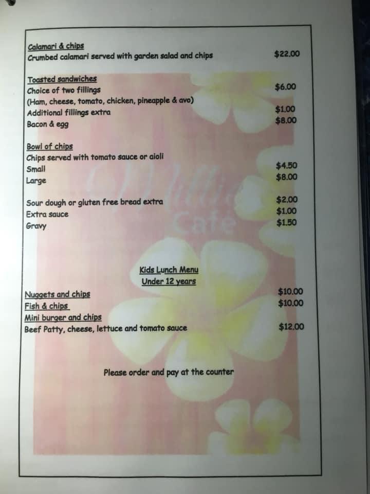 Menu at The Millie cafe, Cable Beach