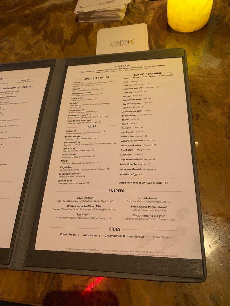 Menu at Yellowtail Japanese Restaurant & Lounge, Las Vegas