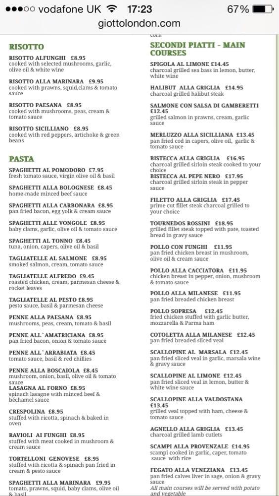 Menu at Giotto Italian Restaurant, London